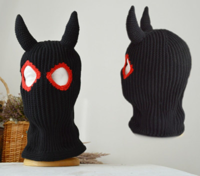 Custom devil balaclava hat. Knitted face ski mask daemon Horns black ...