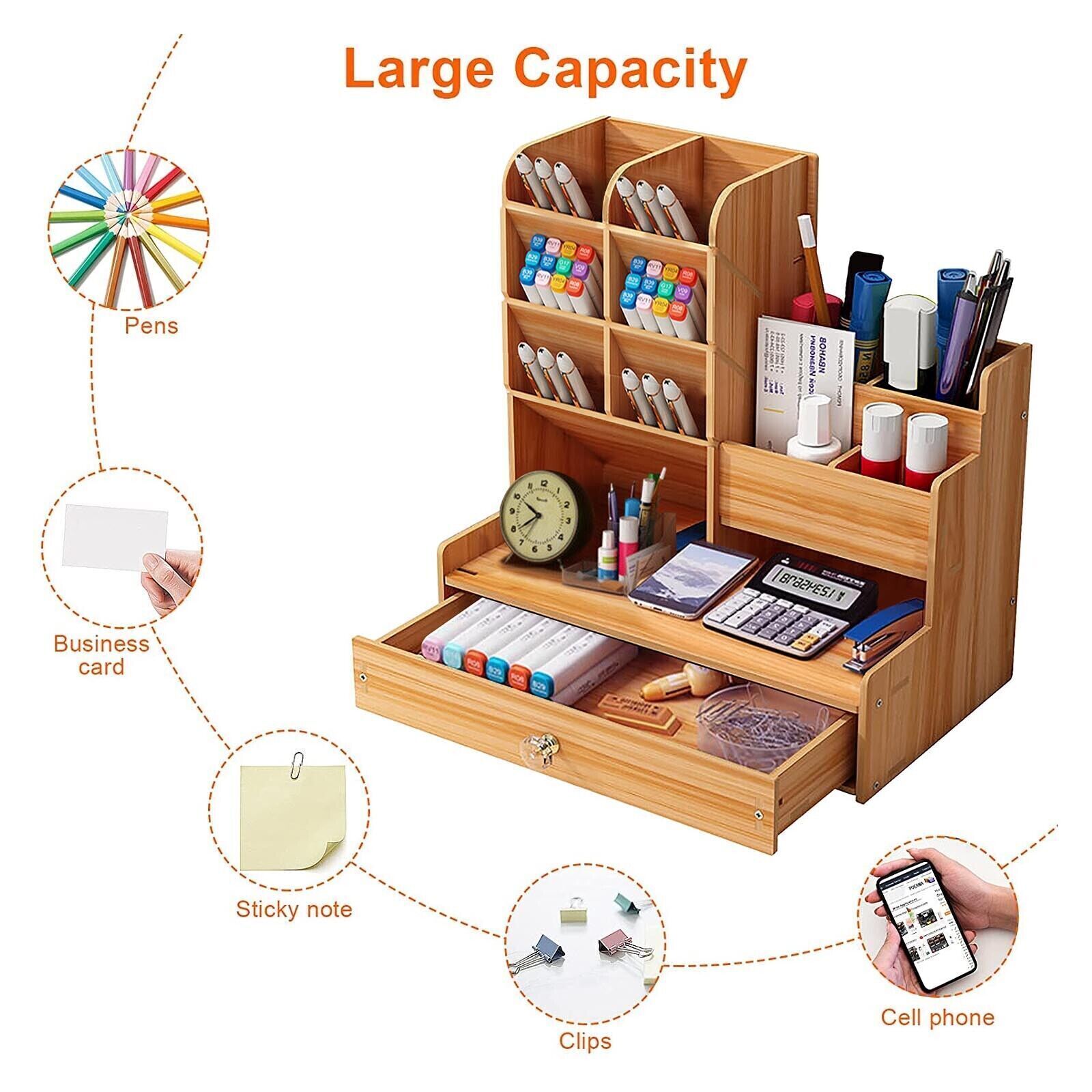Wooden Pen Pencil Storage Holder Office Study Desk Organizer Box Tidy ...
