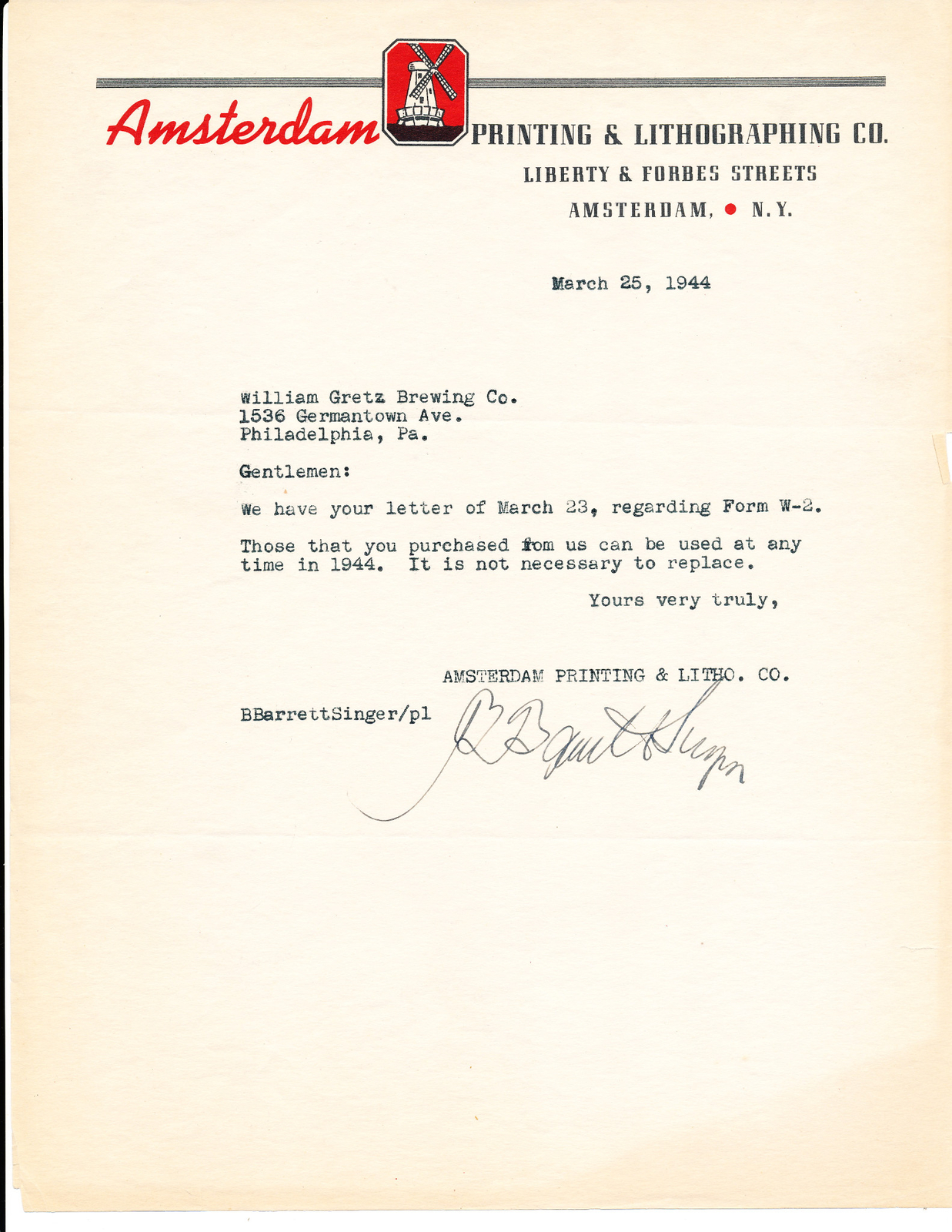 1944 BILL HEAD LETTERHEAD - AMSTERDAM PRINTING LITHO - WILLIAM GRETZ ...