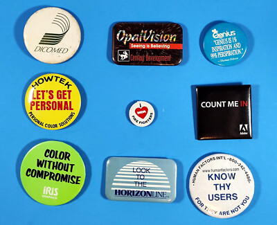 9 vintage 1980s 90s computing conference buttons badges OpalVision ...