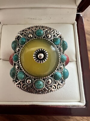 BBJ Sterling Silver Turquoise Red Coral & Ocher Stone Tibetan Ring Size ...
