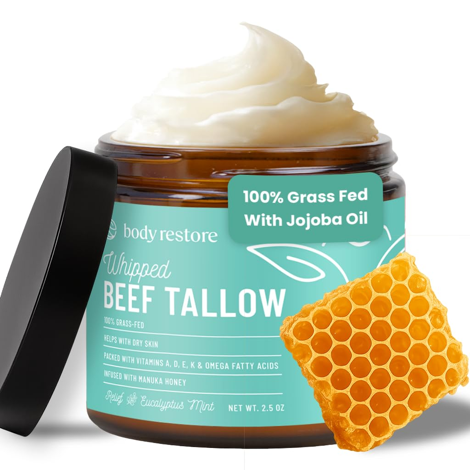 Grass Fed Whipped Beef Tallow for Dry Skin, Face - Manuka Honey, Jojoba ...