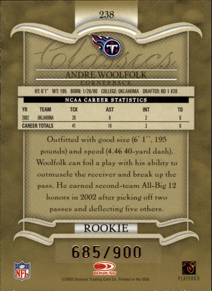 2003 Donruss Classics #238 Andre Woolfolk RC /900 - NM-MT | eBay