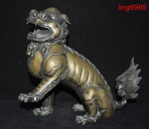 Ancient China bronze Feng Shui foo dog lion beast statue Incense burner ...