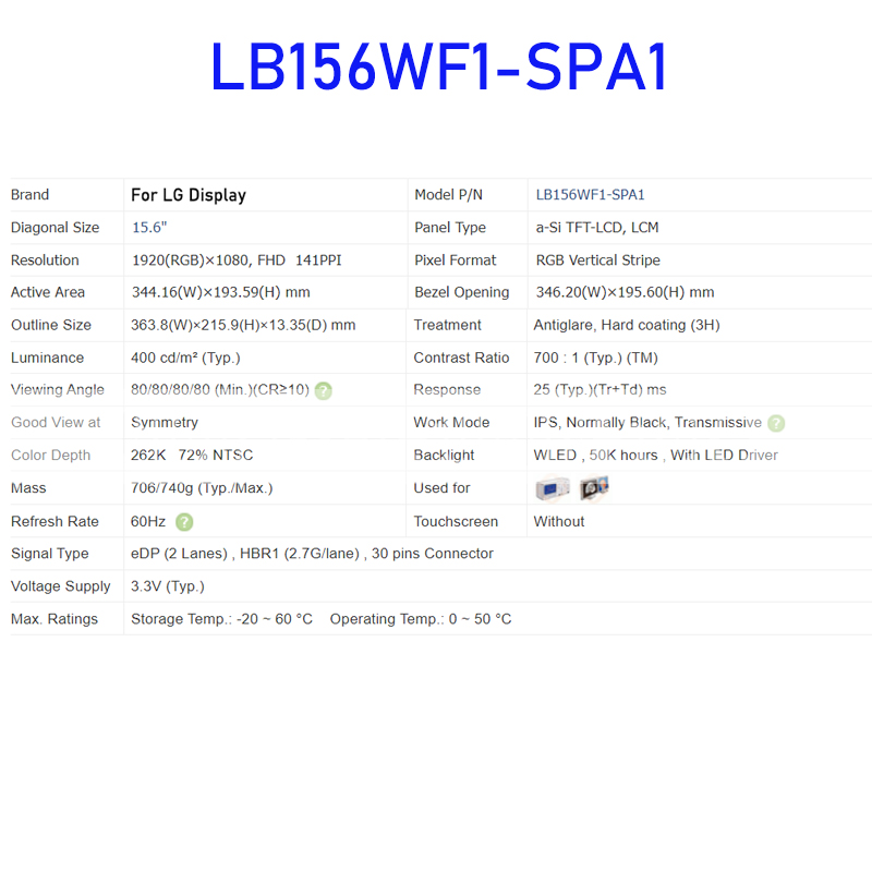 LB156WF1-SPA1 15.6 Inch LCD Display Screen Panel Original for LG ...