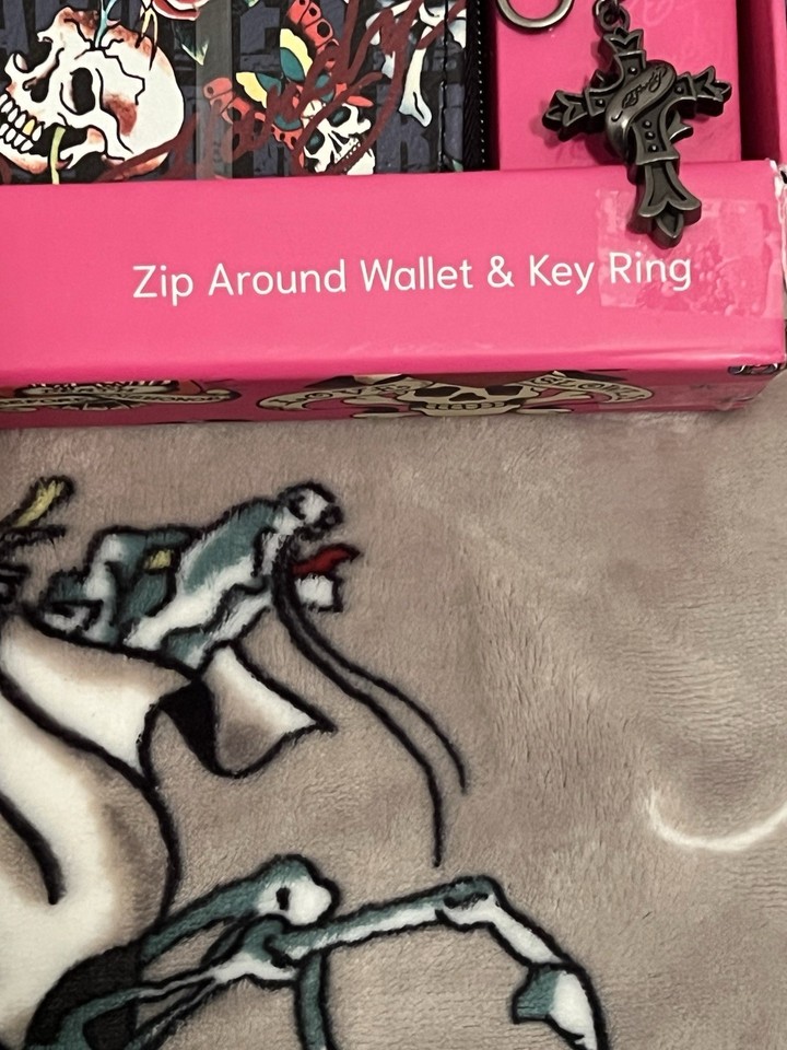 Ed Hardy Gift Set Zip Wallet Y2K Flowers Skull Butterfly Print & Key ...