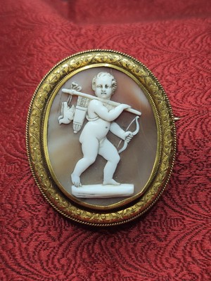 Antique VICTORIAN 14K LARGE CARVED Shell Cameo Unique Cherub Hunter ...