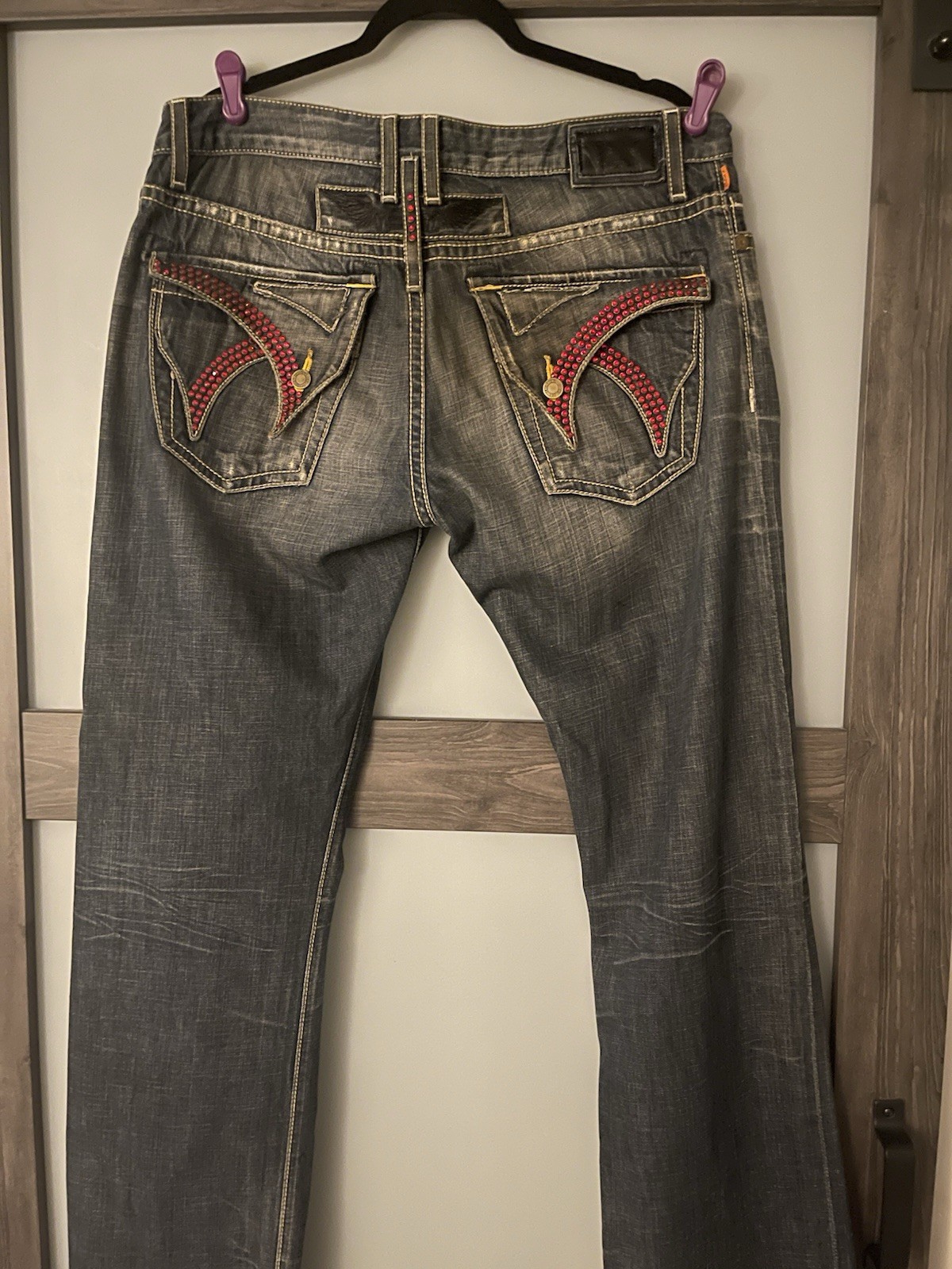 Robin’s jeans long flap Red Rhinestone Crystals Size … - Gem