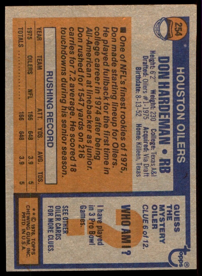 1976 Topps Don Hardeman Football Card Houston Oilers #254 | eBay