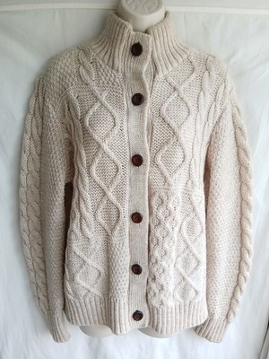 Vintage EWM Aran Cable Knit Cardigan Size L 12 14 100% Wool Fisherman ...