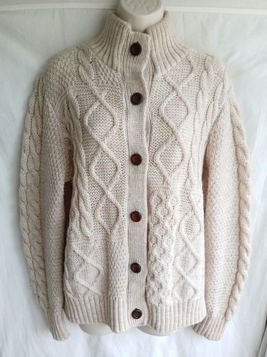 Vintage EWM Aran Cable Knit Cardigan Size L 12 14 100% Wool Fisherman ...