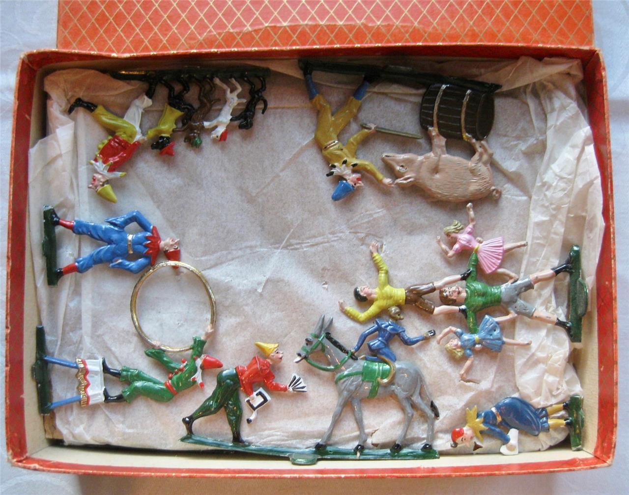 vintage 19pc FLAT LEAD CIRCUS FIGURES West Germany orig box 40s / 50s ...