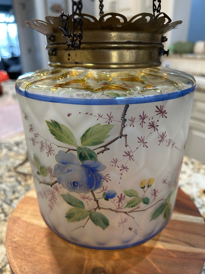 VICTORIAN DECORATED HONEYCOMB-OPTIC BRASS HANGING HALL OIL LAMP ...