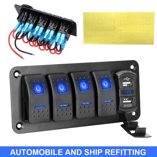 4 Gang 12V/24V Switch Panel LED Light Rocker Dual USB For Car RV Boat ...