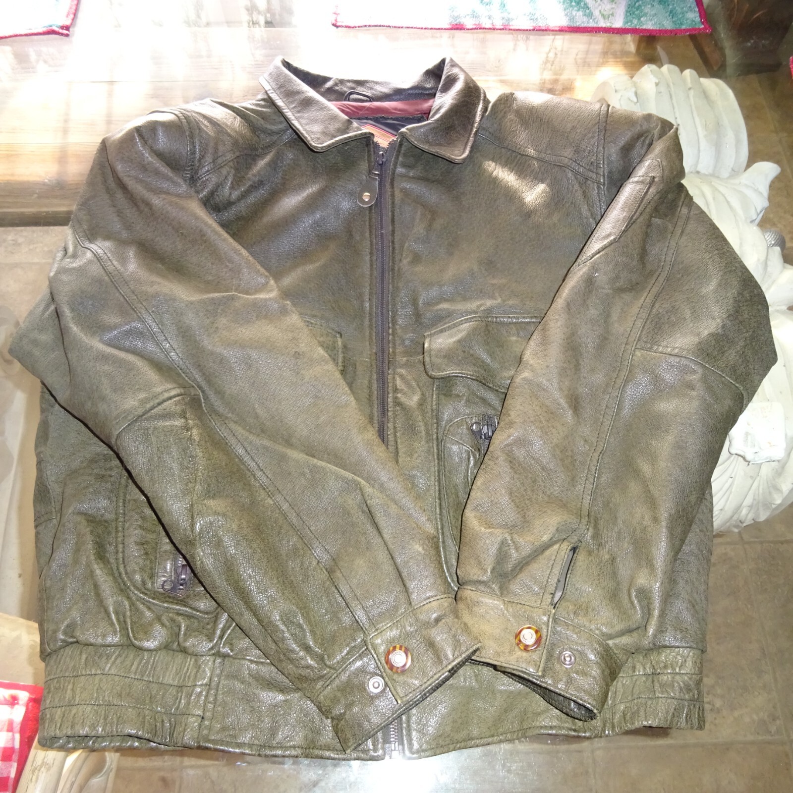Vintage Weekends Leather Bomber Flight Jacket Size Large Dark Olive Green USED | eBay