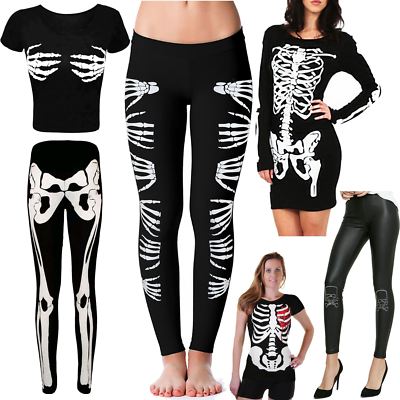 LADIES GIRLS HALLOWEEN SKELETON BONES SKULL PRINTED WOMENS FANCY DRESS ...