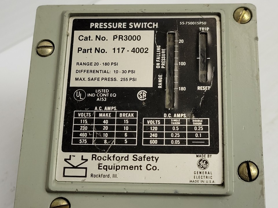 ROCKFORD SAFETY PRESSURE SWITCH PR3000 117-4002 20-180PSI - USED | eBay