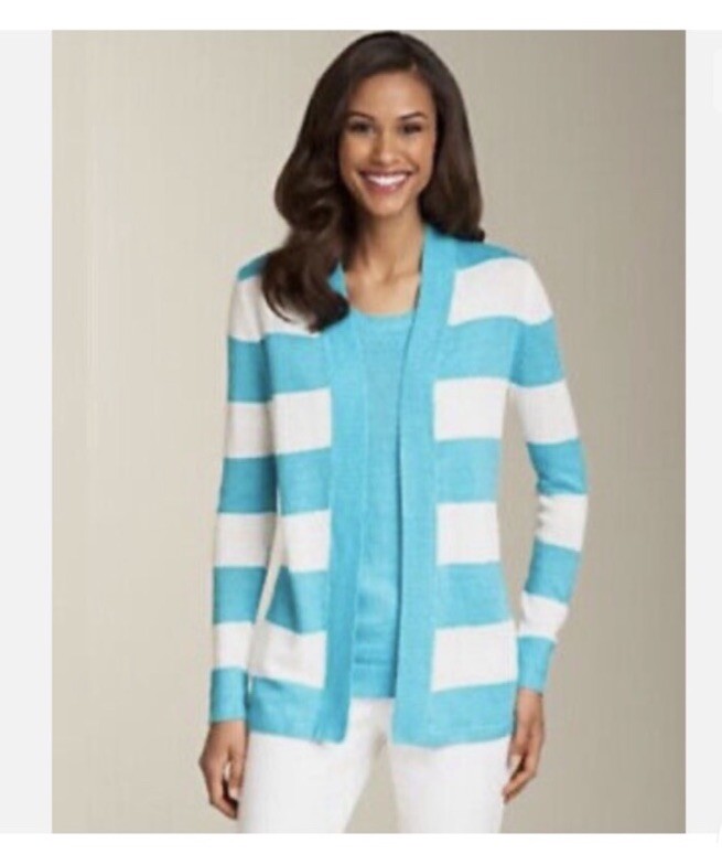 Talbots Striped Cardigan Sweater Turquoise Blue White… - Gem