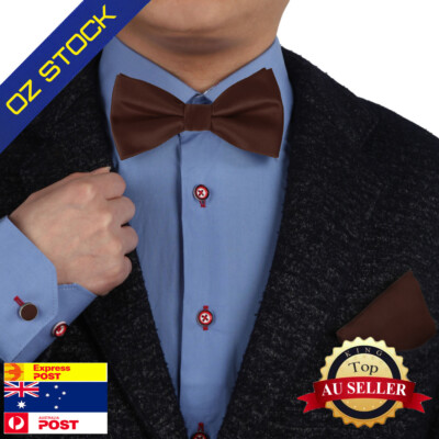 Brown Solid Bowtie Set Handmade Gifts Bowtie Cufflinks Hanky Set Epoint BT2031 | eBay Australia