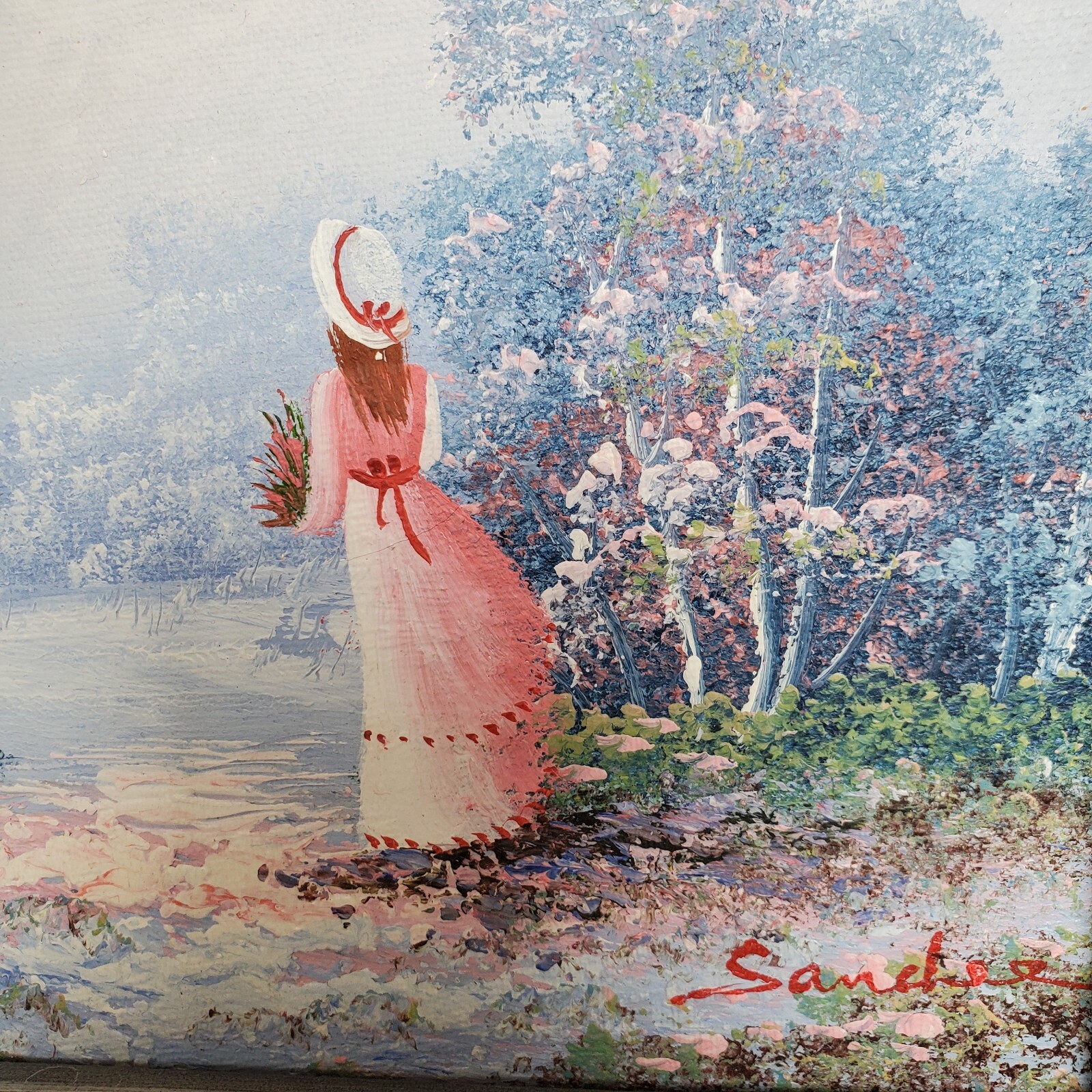 Vtg Philip Sandee Signed Oil Painting on Canvas Framed Girl Flowers ...