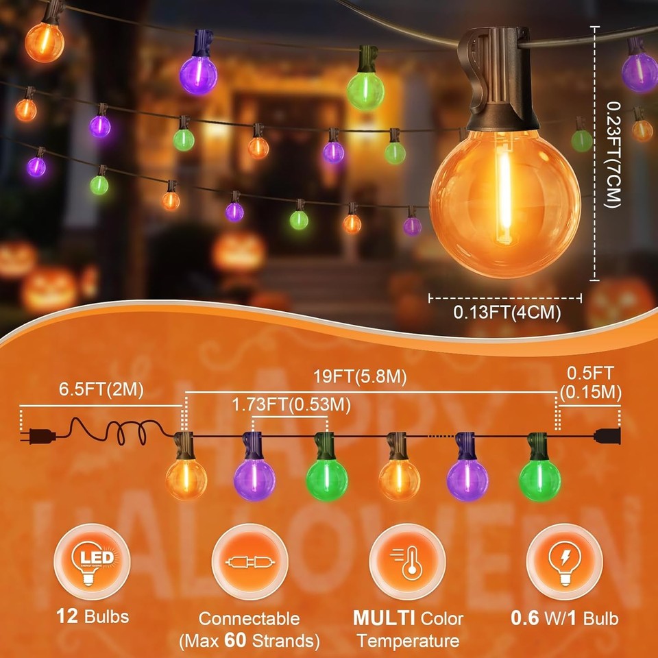 LAMPHOME Globe Outdoor Halloween String 26FT(12+1 Bulbs), Orange/Purple ...