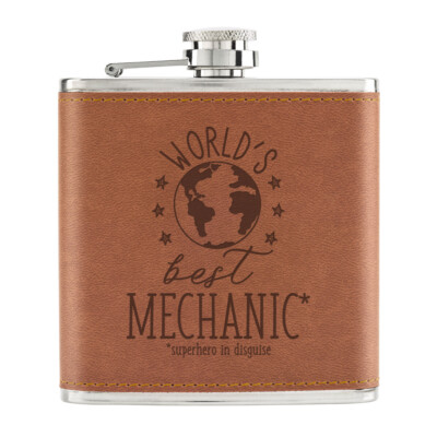 World's Best Mechanic 6oz PU Leather Hip Flask Tan Funny Favourite Car ...
