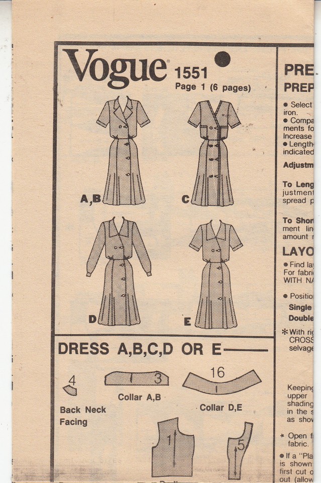 Vogue 1551 Dress Notched Collar Blouson Bodice Uncut Sewing Pattern ...