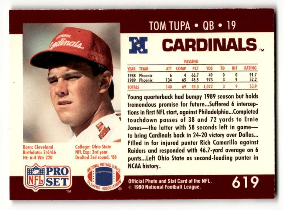 1990 Pro Set #619 Tom Tupa Phoenix Cardinals Football Cards EX/NM ID ...