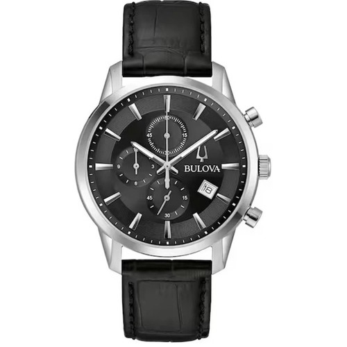 New Bulova Men's Watch Sutton Quartz Chrono Black Dial Leather Strap ...
