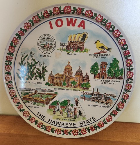 Vintage IOWA State TIN TRAY 13" diameter State Seal Bird Flowers Hong ...