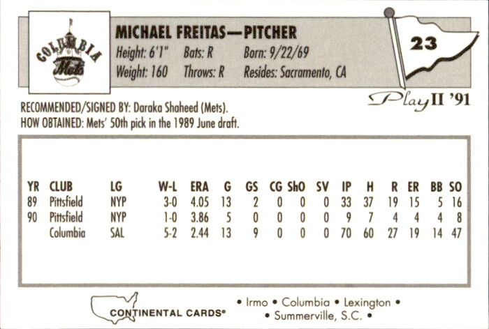 1991 Columbia Mets Play II #23 Mike Freitas Sacramento California ...