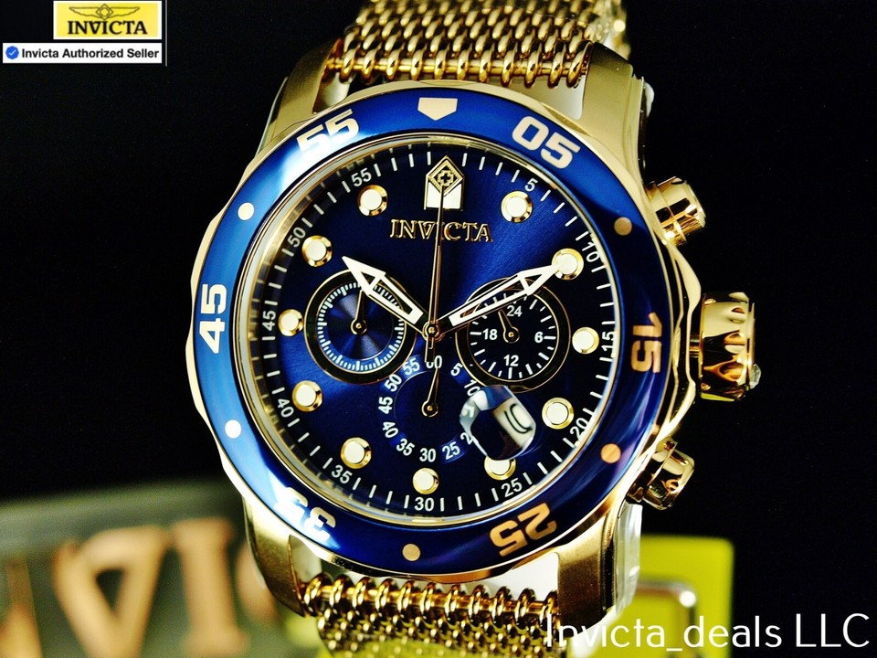Invicta Men's 48mm Pro Diver SCUBA Chronograph BLUE DIAL Gold Tone MESH ...