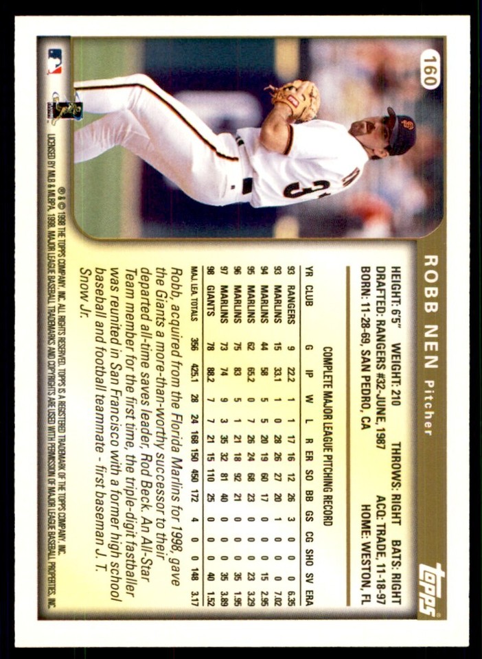1999 Topps Baseball Card Robb Nen San Francisco Giants #160 | eBay