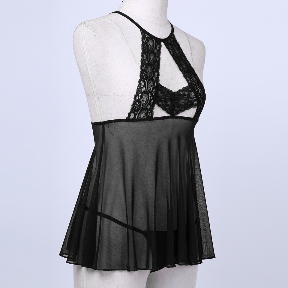Women Open Bust Lingerie Dress with G-string Lace See Through Nightwear ...