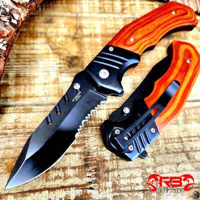 8.75" Wood handle Knife Spring Assisted OPEN Blade Folding Hunting ...