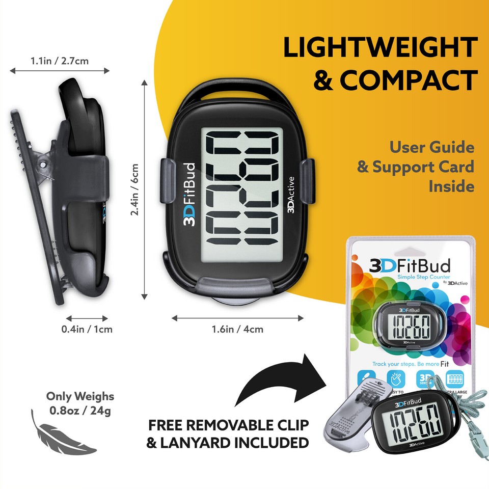 3DFitBud Simple Step Counter Walking 3D Pedometer with Clip and Lanyard ...