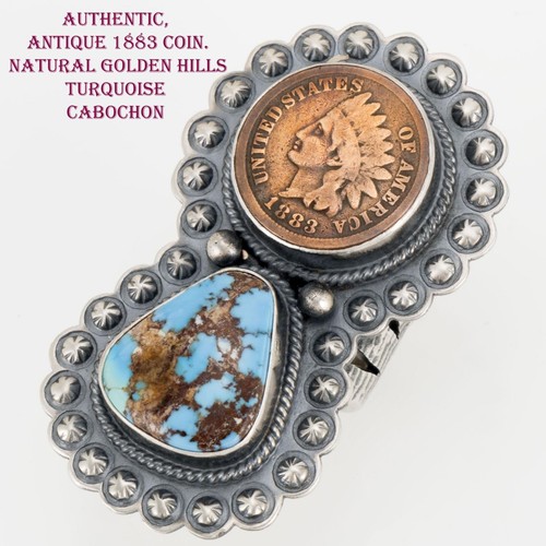GOLDEN HILLS Turquoise Ring W Antique 1883 Coin Robert Johnson Navajo 8 ...