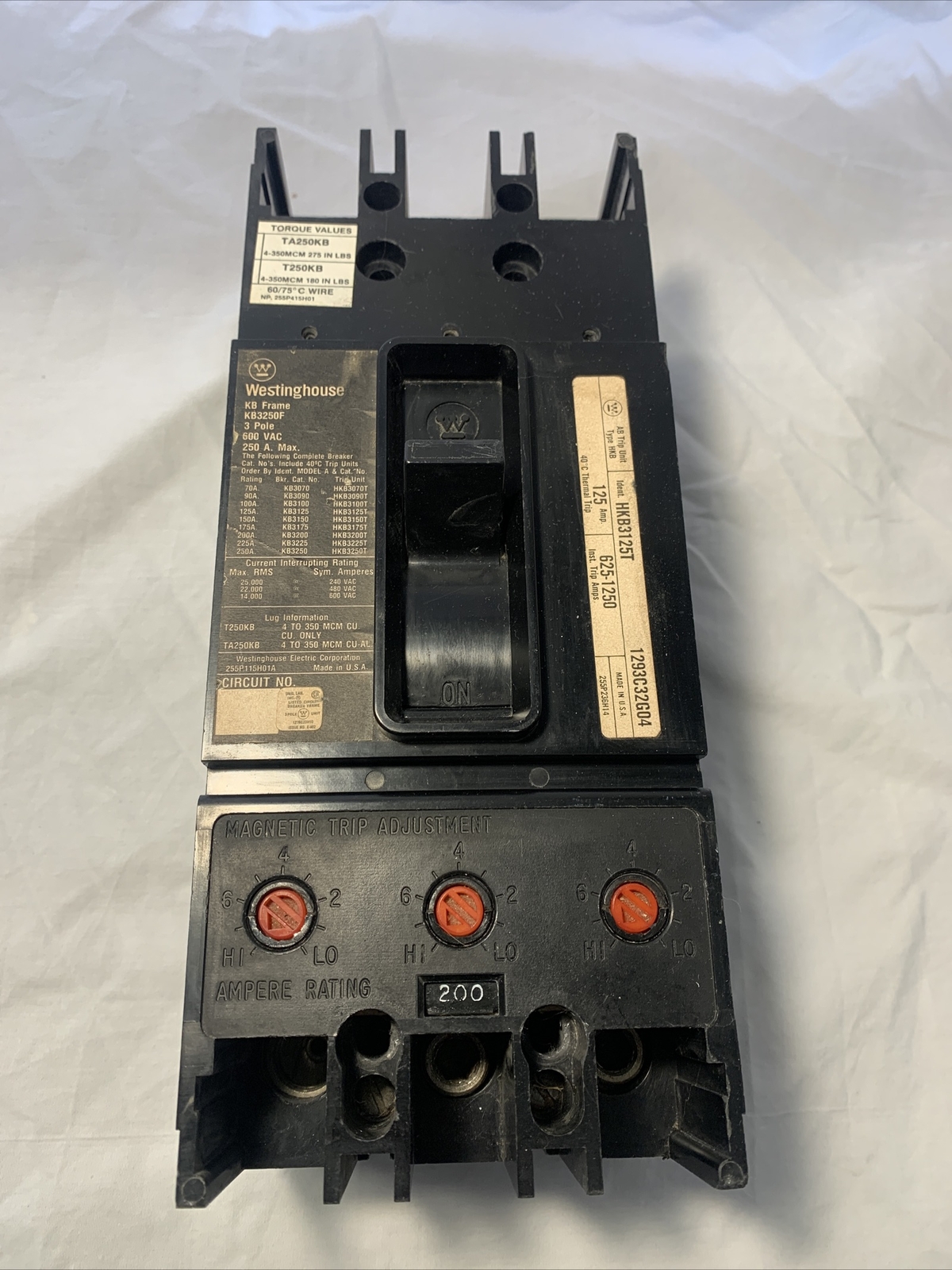 Westinghouse KB3250F Circuit Breaker 3-Pole 600V 200A Trip | eBay