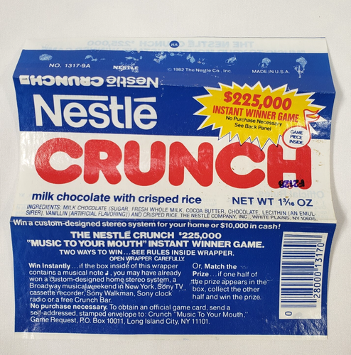 Vintage Nestle Crunch Chocolate Bar Candy Wrapper Only 1982 1980s Game ...