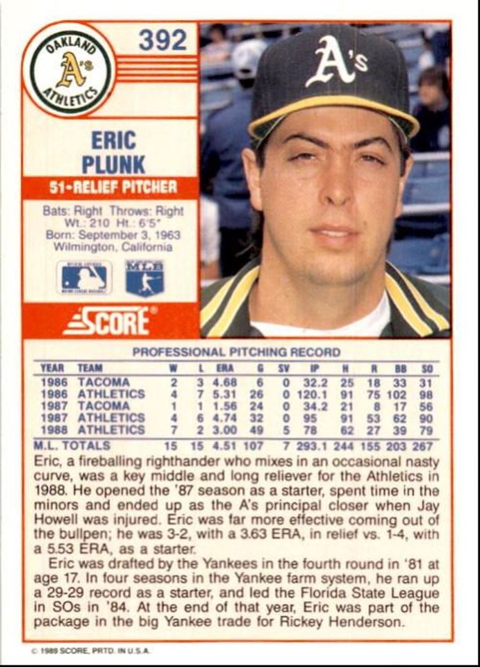 1989 Score Baseball Card Eric Plunk Oakland Athletics #392 | eBay