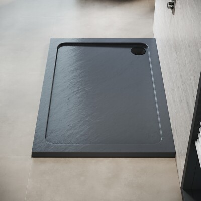 Grey Shower Tray Rectangle Slimline Stone Resin Non-slip Slate textured ...