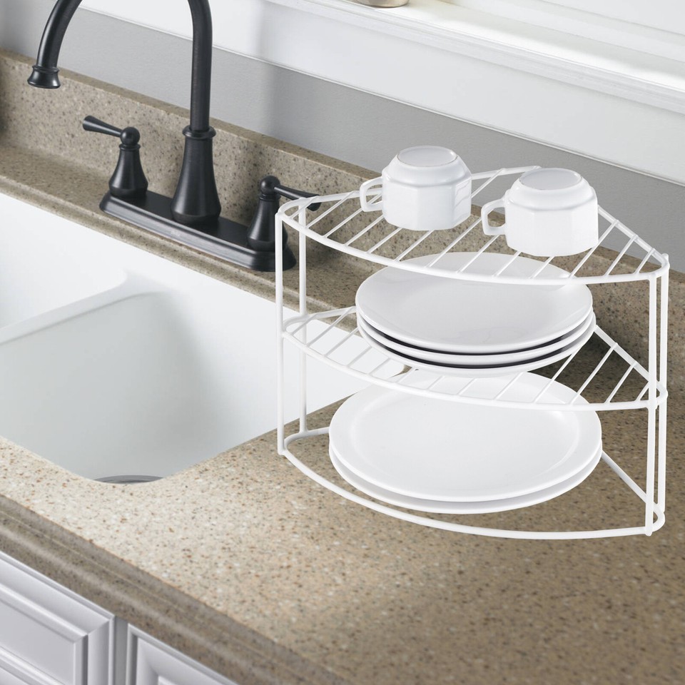 2 TIER FOLDABLE SHELF KITCHEN CABINET STORAGE STACKABLE CUPBOARD RACK ...