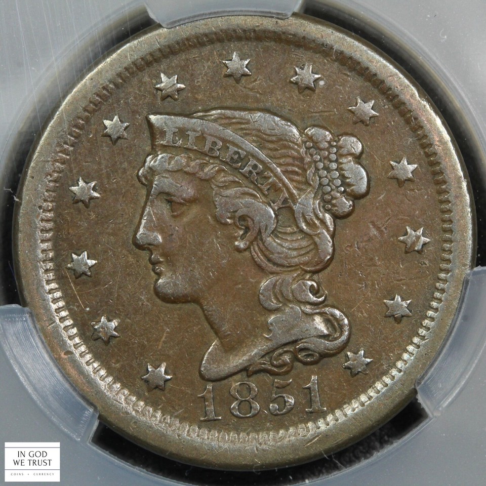 1851 Braided Hair Copper Large Cent 1C CACG XF Details CAC - Cleaned | eBay