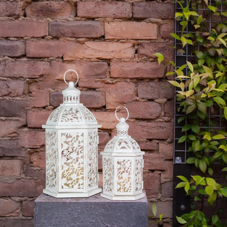 Lanterns Decorative Outdoor&Indoor, Set of 2 (15"&7") White Metal ...