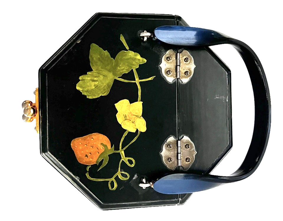 VINTAGE DECOUPAGE BLACK OCTAGON HAND PAINTED STRAWBERRIES/FLORAL PURSE ...