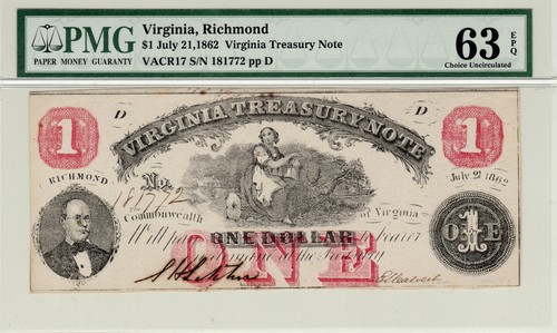 VA, Richmond - Virginia Treasury Note $1 July 21, 1862 PMG 63 EPQ Civil ...