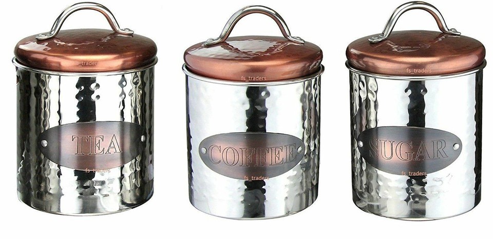 Vintage Copper Tea Coffee Sugar Storage Jar Canisters Set Air Tight Lid ...