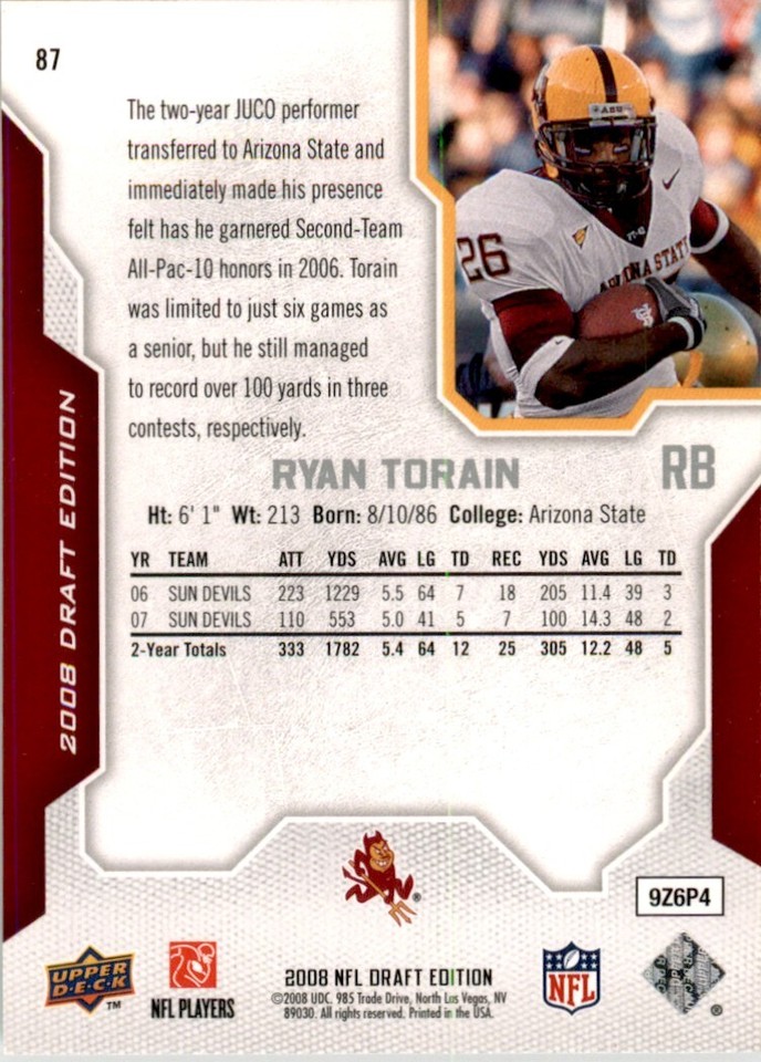 2008 Upper Deck Draft Edition Ryan Torain Rookie Arizona State Sun ...