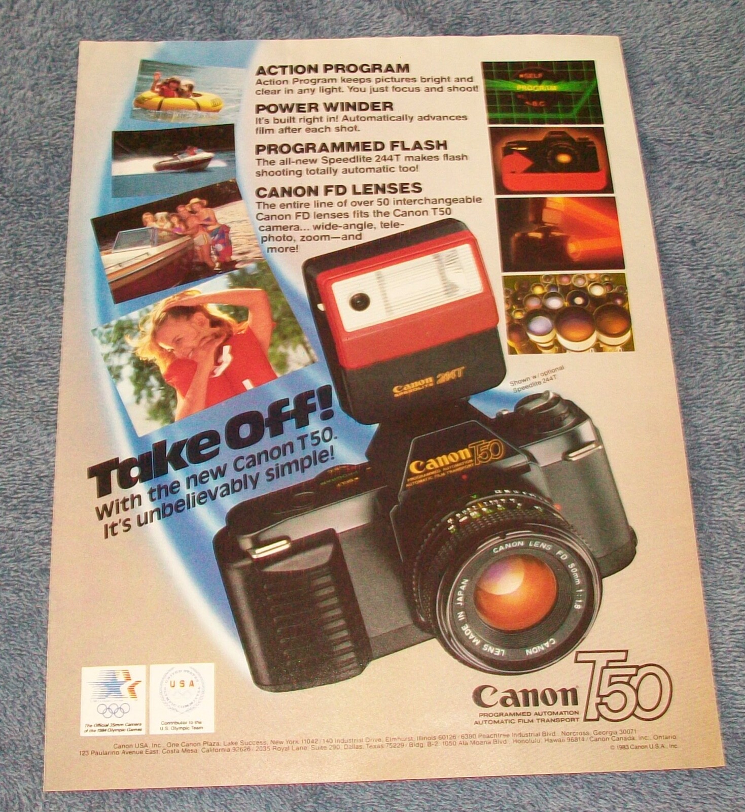 1984 Canon T50 35mm Camera Vintage Ad "Take Off! With the New Canon T50 ...