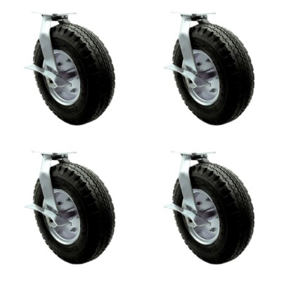 12 Inch Black Pneumatic Wheel Caster Set 4 Swivel with Brakes 2 with ...